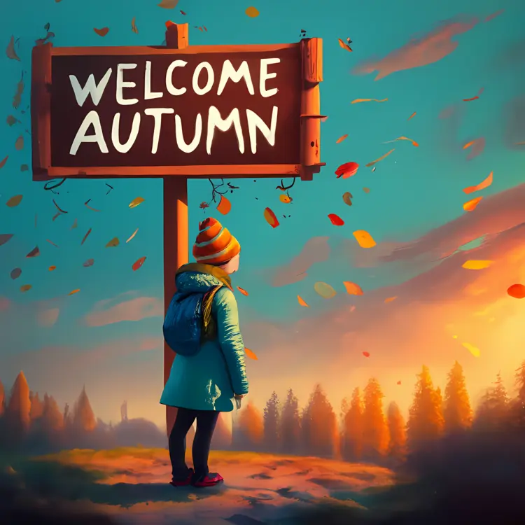 Welcome Autumn Sign with Child in Autumn Landscape