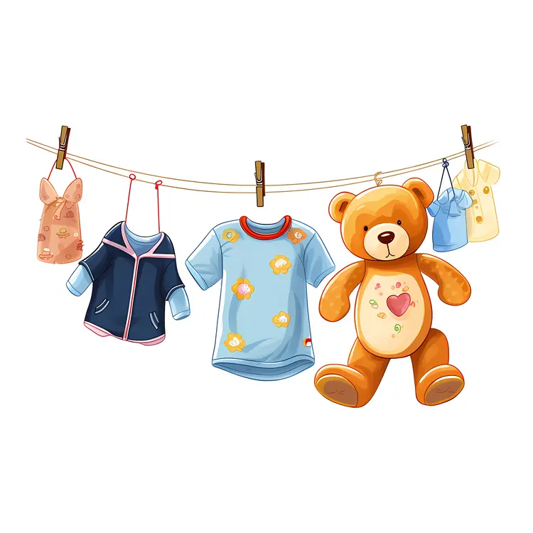 Cute Teddy Bear and Baby Clothes on Clothesline