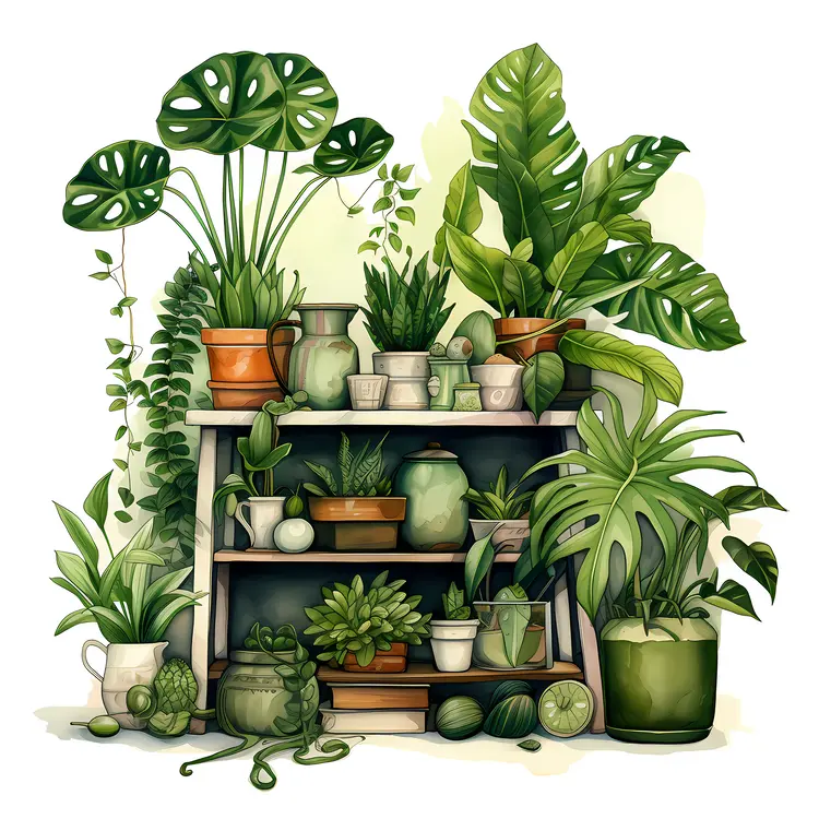 Assorted Potted Plants on a Shelf