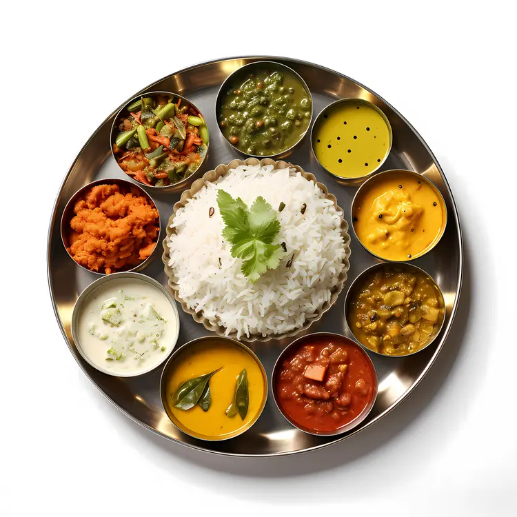 Indian Thali with Rice and Assorted Curries