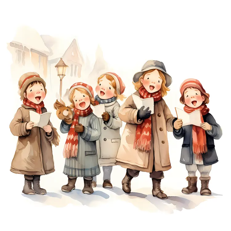 Children Singing Christmas Carols in Winter