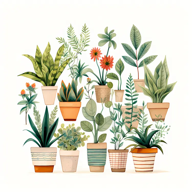 Assorted Potted Plants in Various Pots