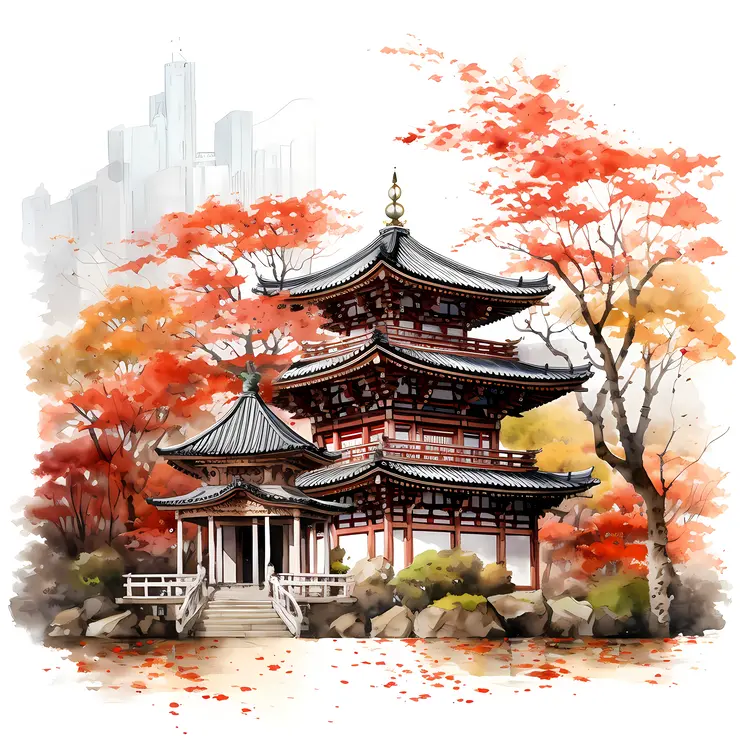 Red Pagoda with Autumn Trees