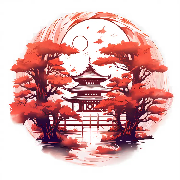 Red Pagoda with Autumn Trees and Moon