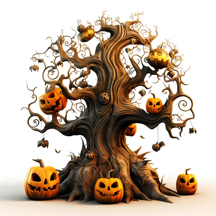 Spooky Halloween Tree with Pumpkins and Bare Branches