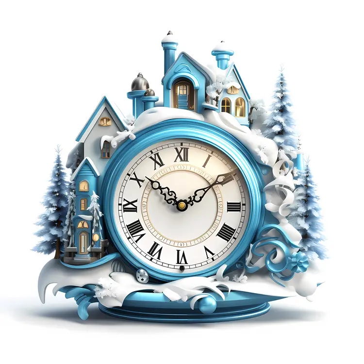 Winter Village Clock with Snowy Houses