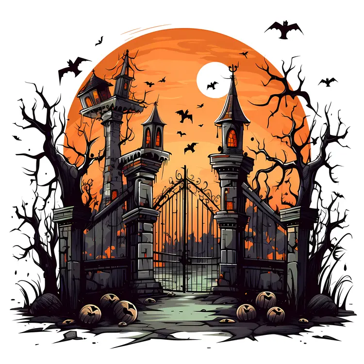 Spooky Haunted Gate with Bats and Moon