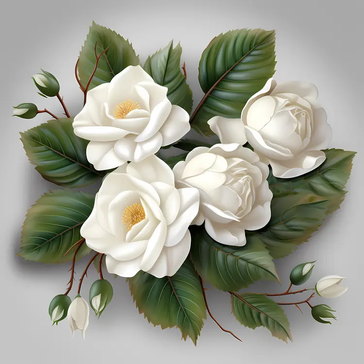 Cluster of White Roses with Green Leaves