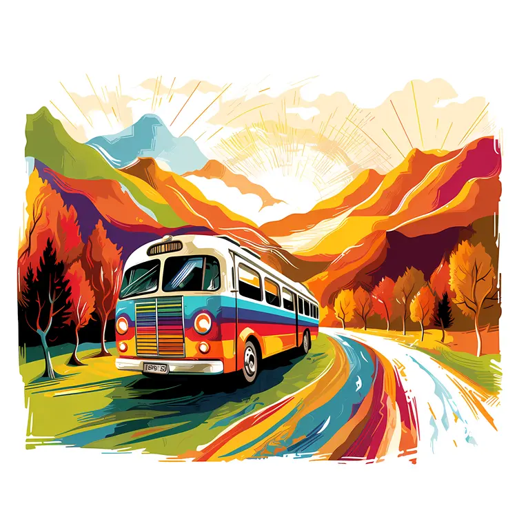 Bus Traveling Through Mountain Landscape
