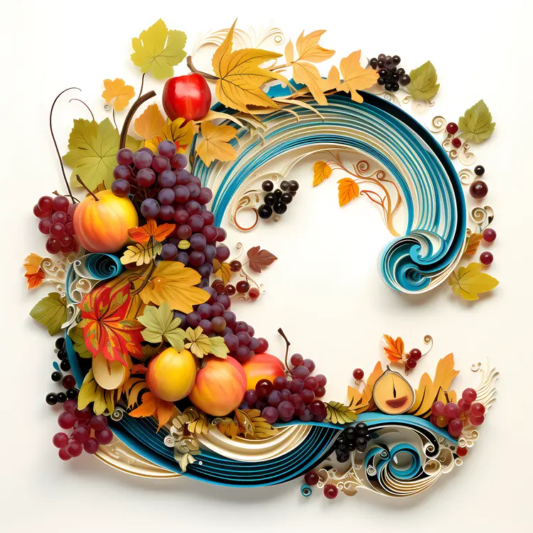 Cornucopia with Fruits and Autumn Leaves