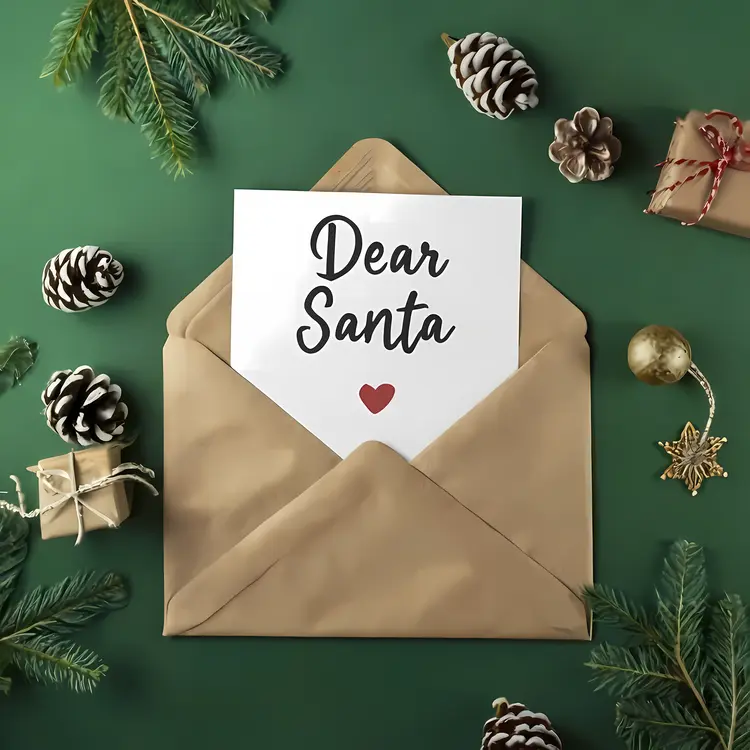 Dear Santa Letter in Brown Envelope with Pine Cones and Gifts