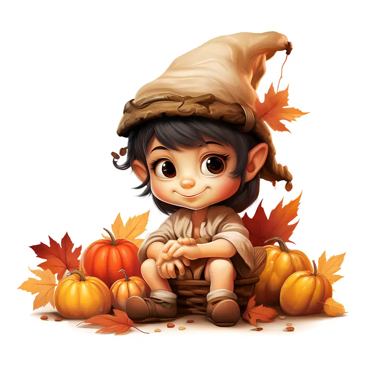 Cute Elf with Pumpkins and Autumn Leaves
