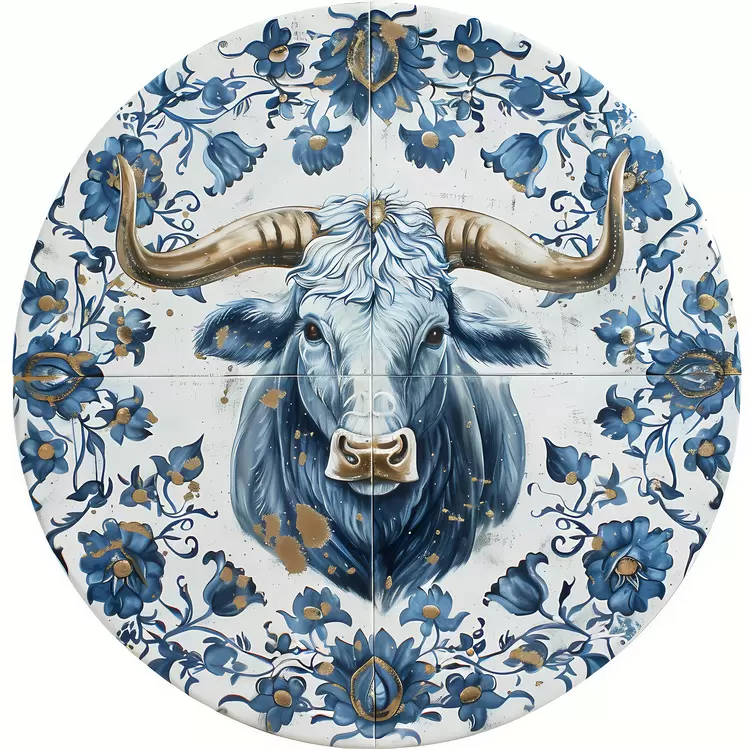 Blue and white tile art Bull tile art Floral tile art