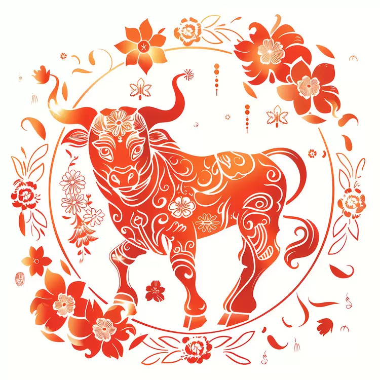 Spring festival Zodiac sign Taurus bull Chinese art Red and gold